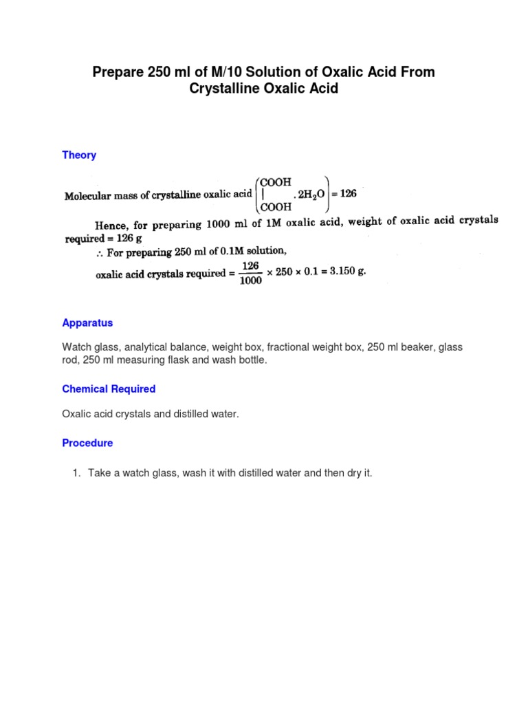 Prepare 250 ML of M/10 Solution of Oxalic Acid From Crystalline Oxalic Acid | PDF
