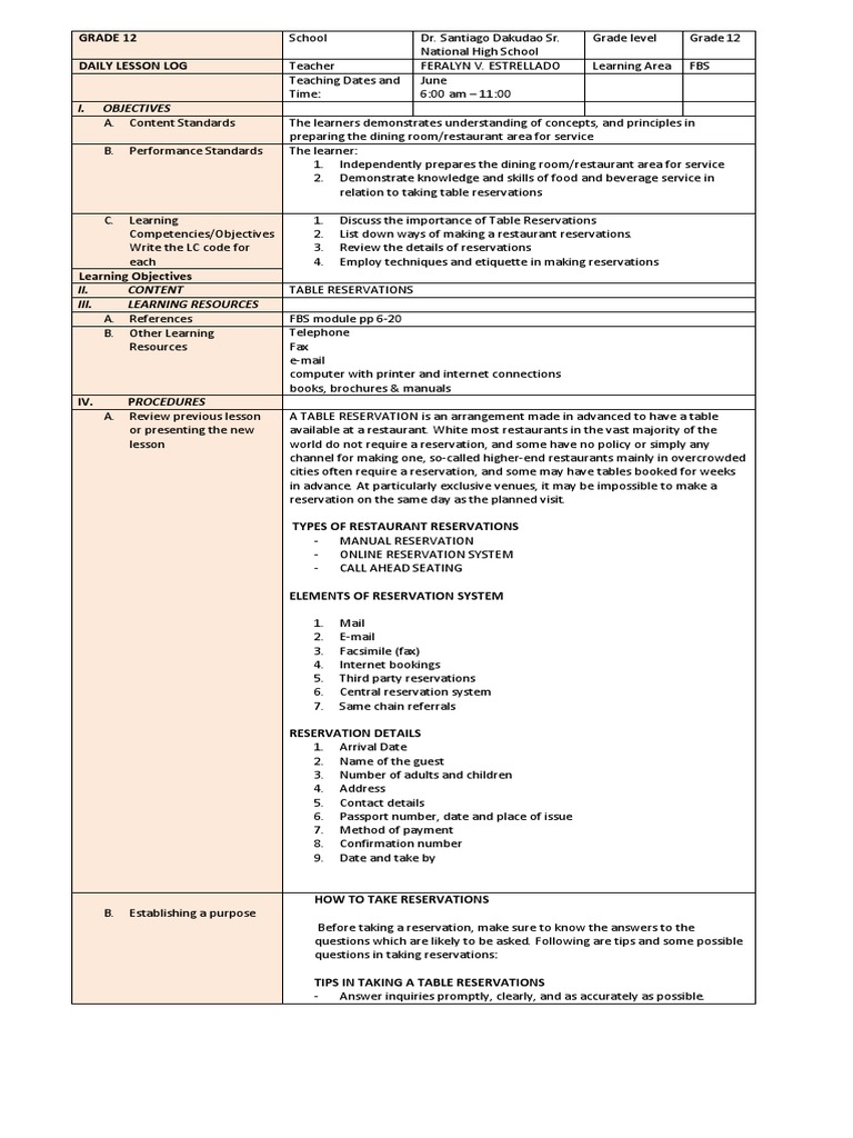 Lesson 1 Take Table Reservation | PDF | Restaurants | Lesson Plan