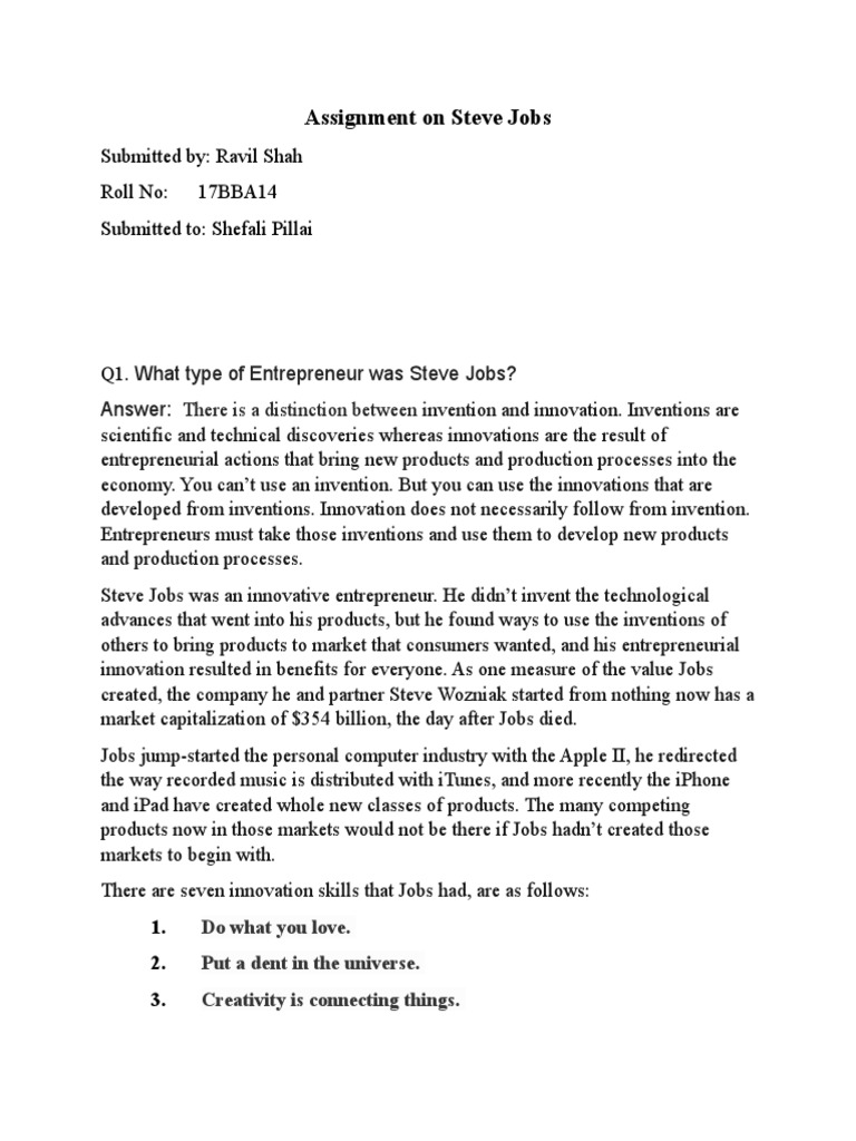 Assignment On Steve Jobs: Submitted By: Ravil Shah Roll No: 17BBA14 ...