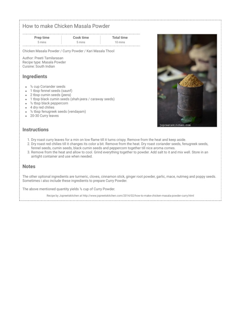Homemade Chicken Masala Powder Recipe | PDF | Cooking, Food & Wine