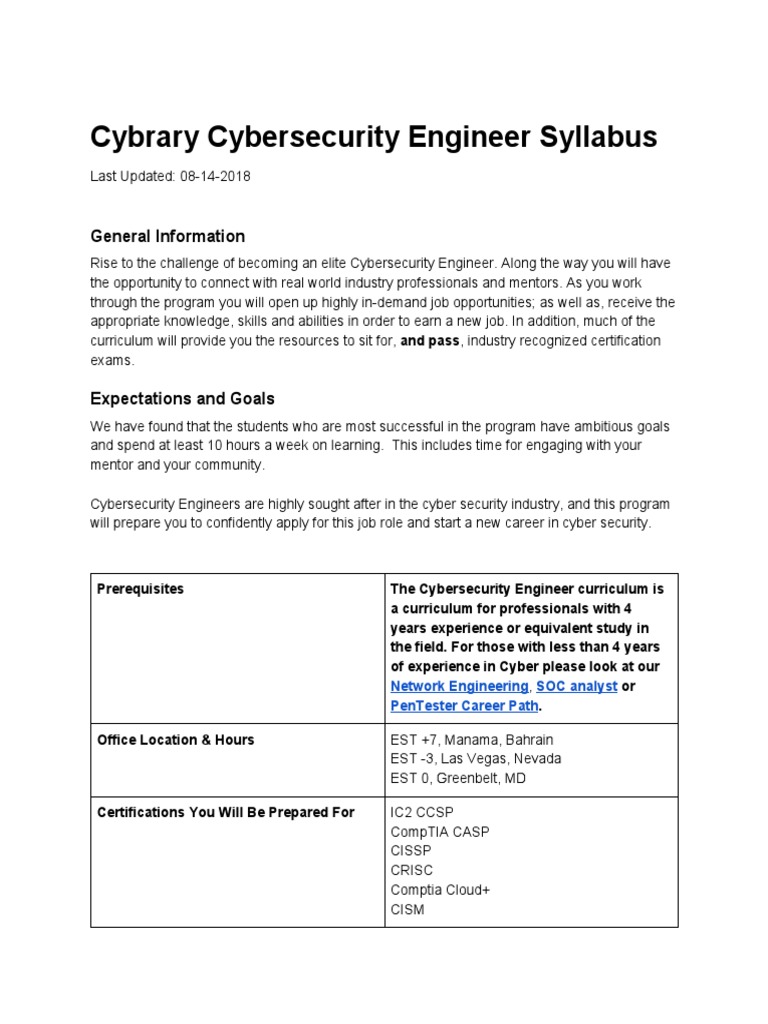Cybrary Cybersecurity Engineer Syllabus: General Information | PDF ...