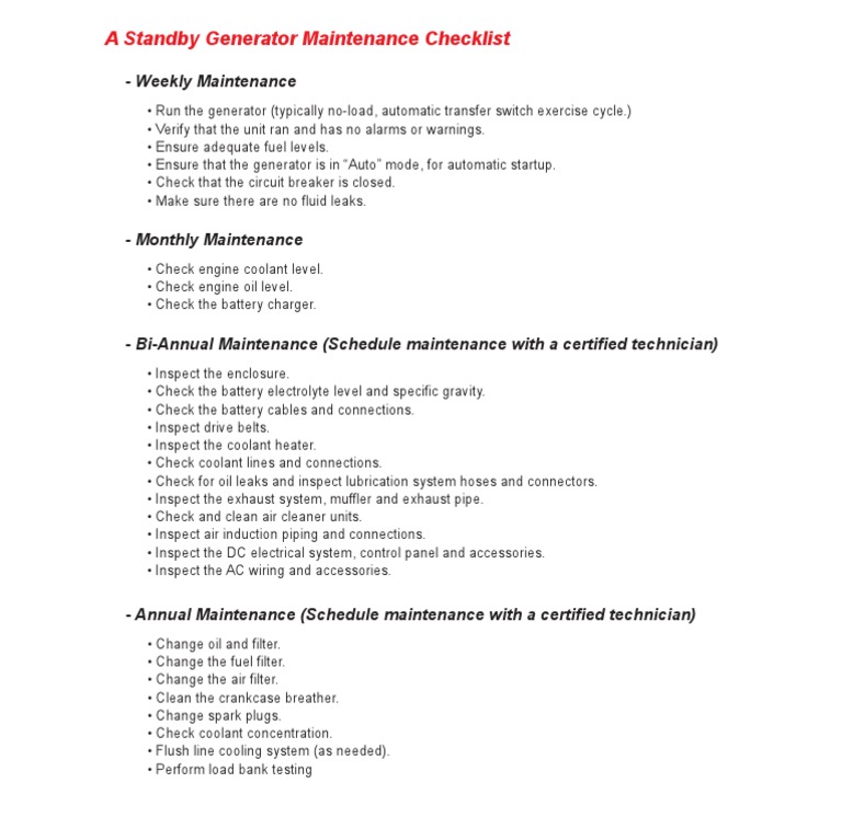 Standby Generator Maintenance Checklist Guide | PDF