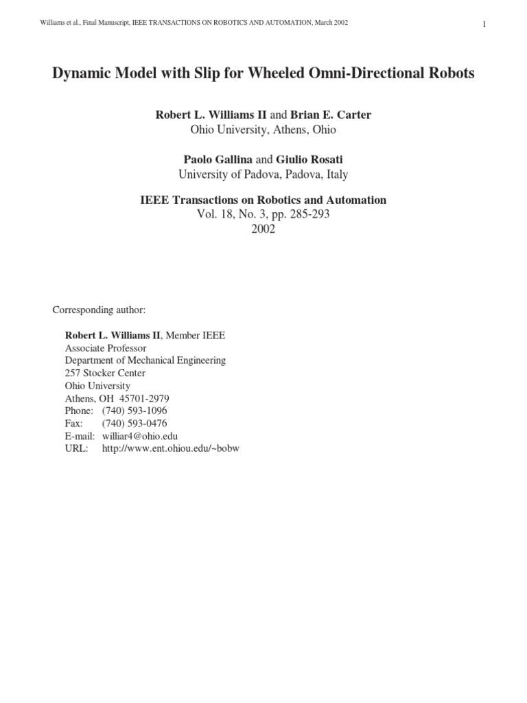 Dynamic Model With Slip For Wheeled For Omni Directional Robots | PDF | Friction | Rotation ...
