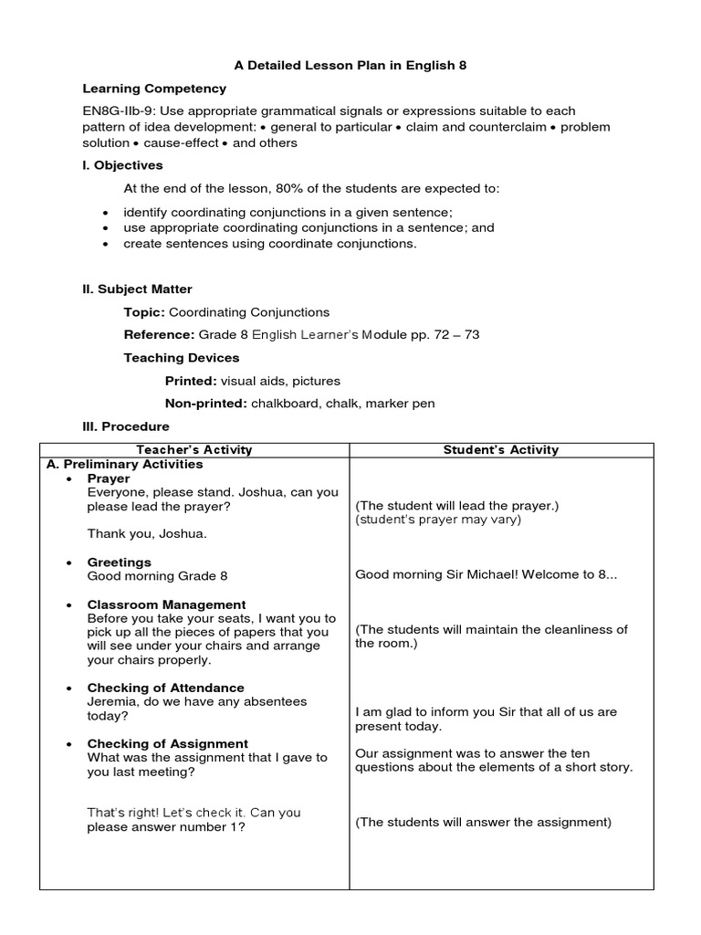 Lesson Plan on Coordinating Conjunctions | PDF | English Language ...