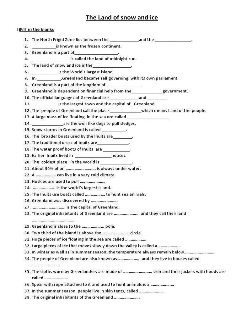 Land of Snow Worksheet | PDF | Inuit | Greenland