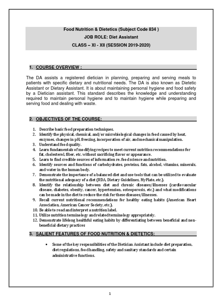 Food Nutrition & Dietetics (Subject Code 834) JOB ROLE: Diet Assistant ...