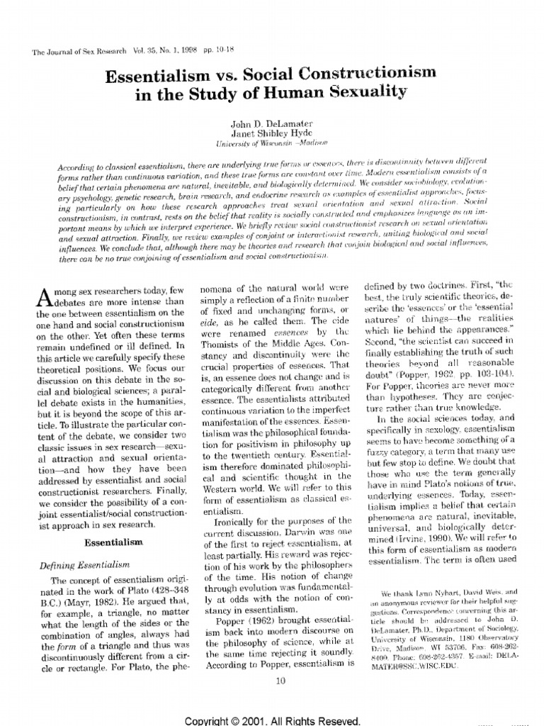 DELAMATER - HYDE - Essentialism Vs Social Constructionism | PDF