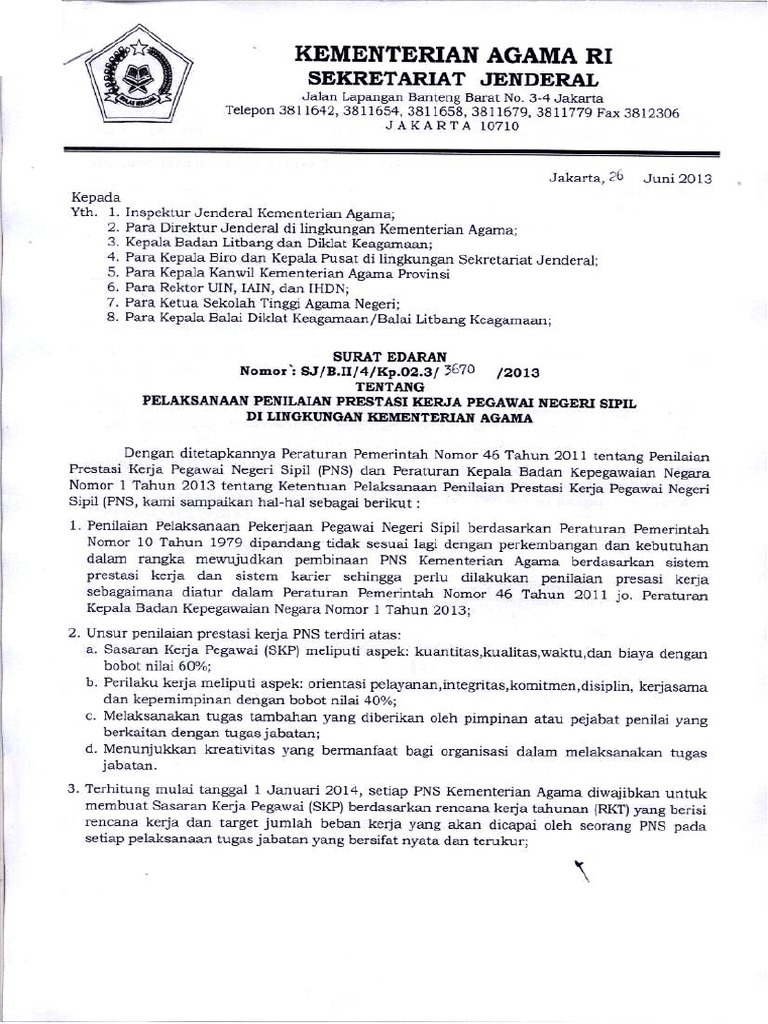 Surat Edaran SKP Kemenag (Sekjen) PDF | PDF