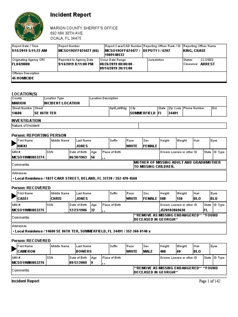 Deputy Report On Casei Jones and Children Murders | PDF | Dangerous ...