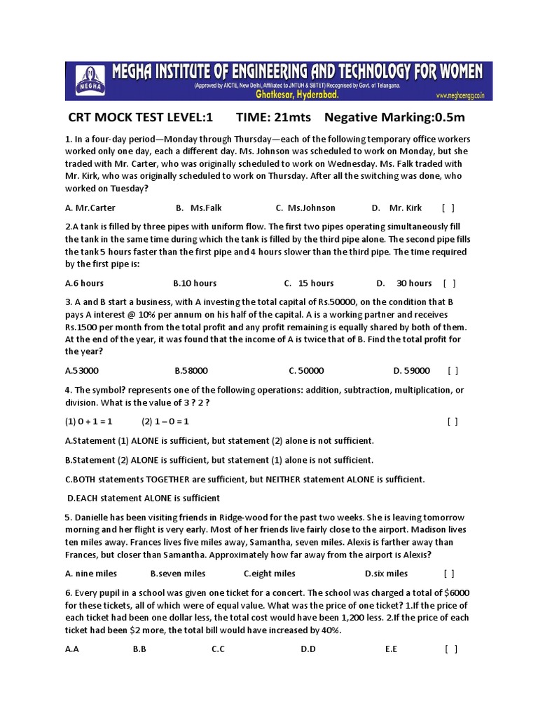 CRT Mock Test Level 1 Question Paper (Confidential) | PDF | Expense ...