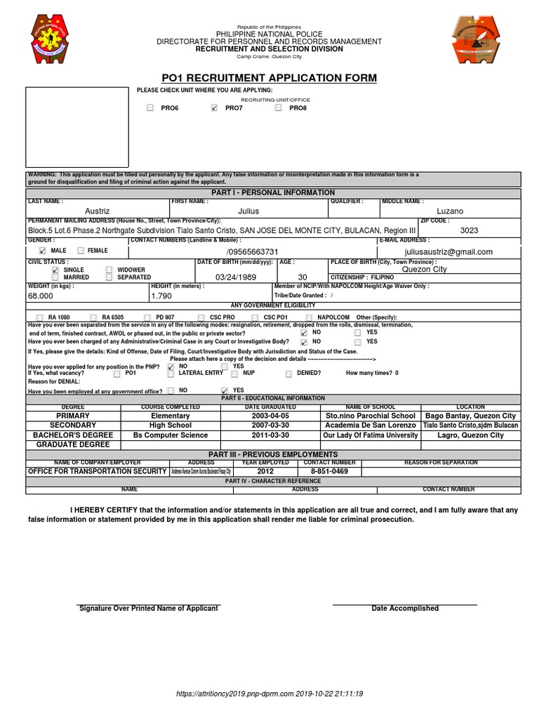 Po1 Recruitment Application Form | PDF | Public Law | Virtue