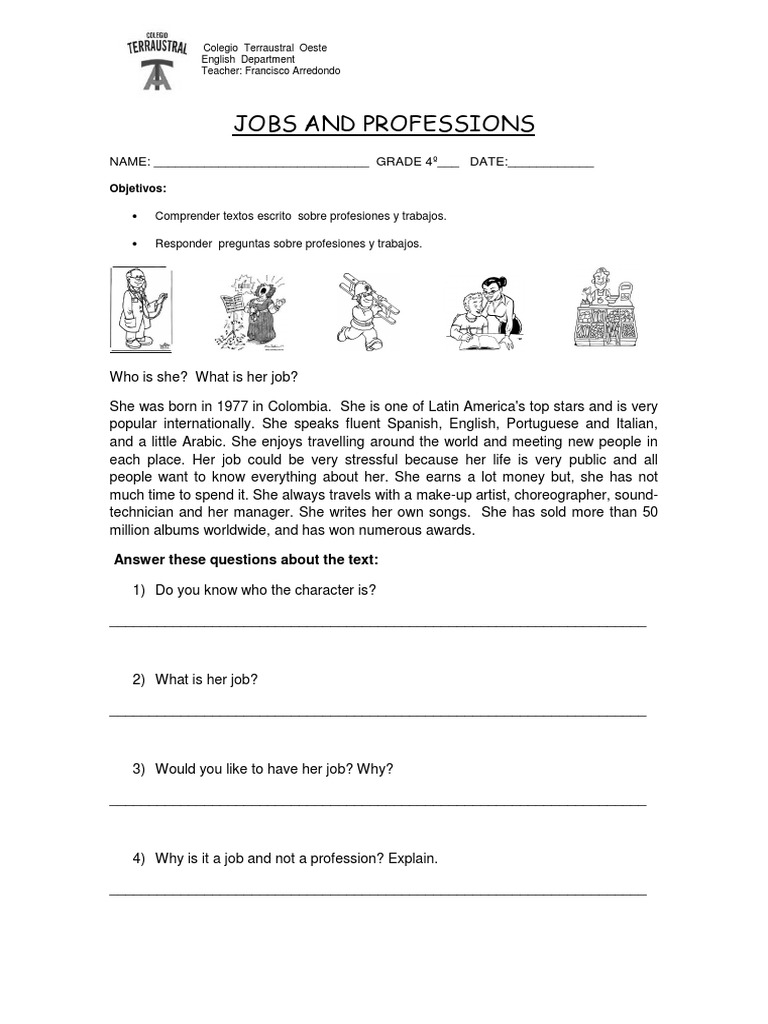 Jobs and Professions: NAME: - GRADE 4º - DATE | PDF