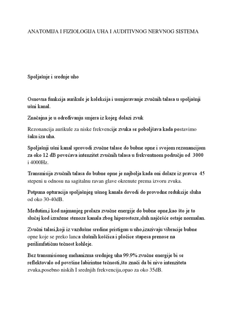 Anatomija I Fiziologija Uha I Auditivnog Nervnog Sistema | PDF