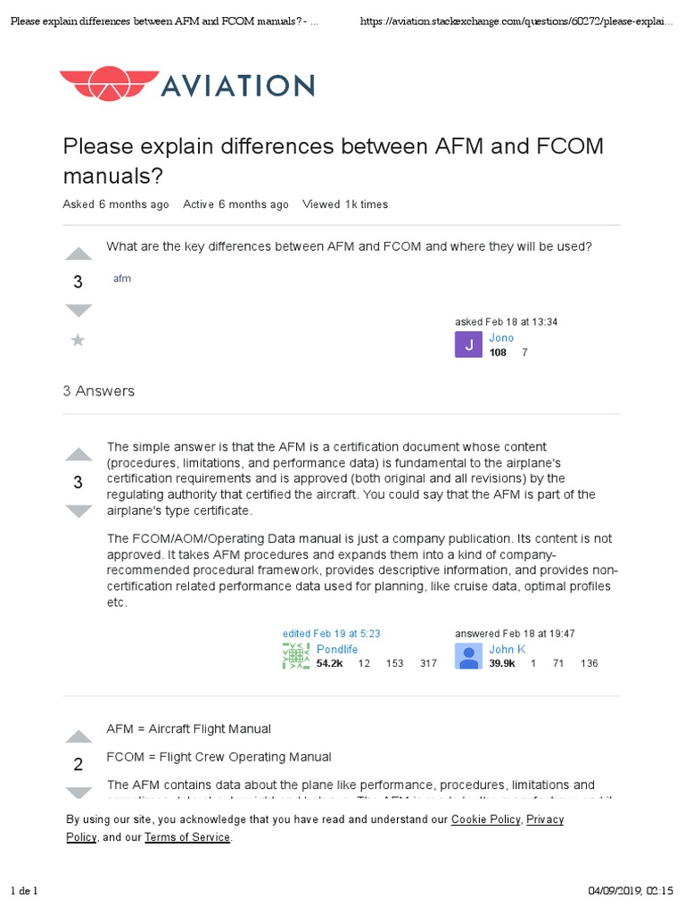 Differences Between AFM and FCOM Manuals - Aviation Stack Exchange | PDF | Aerospace | Aircraft