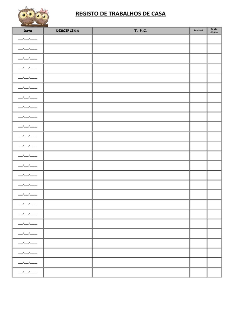 Ficha Registo TPC | PDF | Carreira e Crescimento