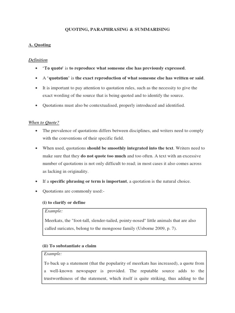 Quoting, Paraphrasing, and Summarizing Guide | PDF | Writers | Phrase
