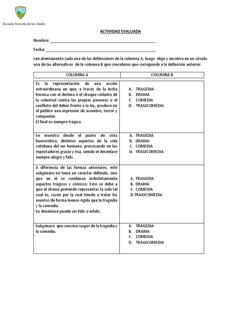 Actividad Evaluada Genero Dramatico | PDF | Comedia | Tragedia