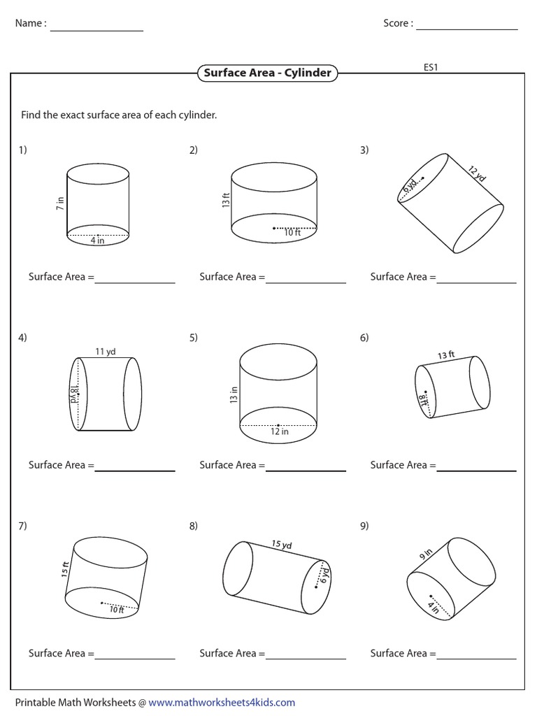 Surface Area Of A Cylinder Worksheet