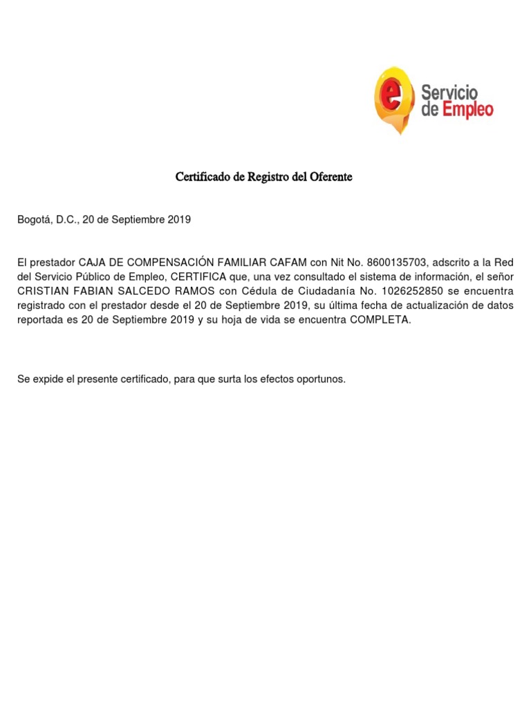 Certificado de Registro Del Oferente | PDF