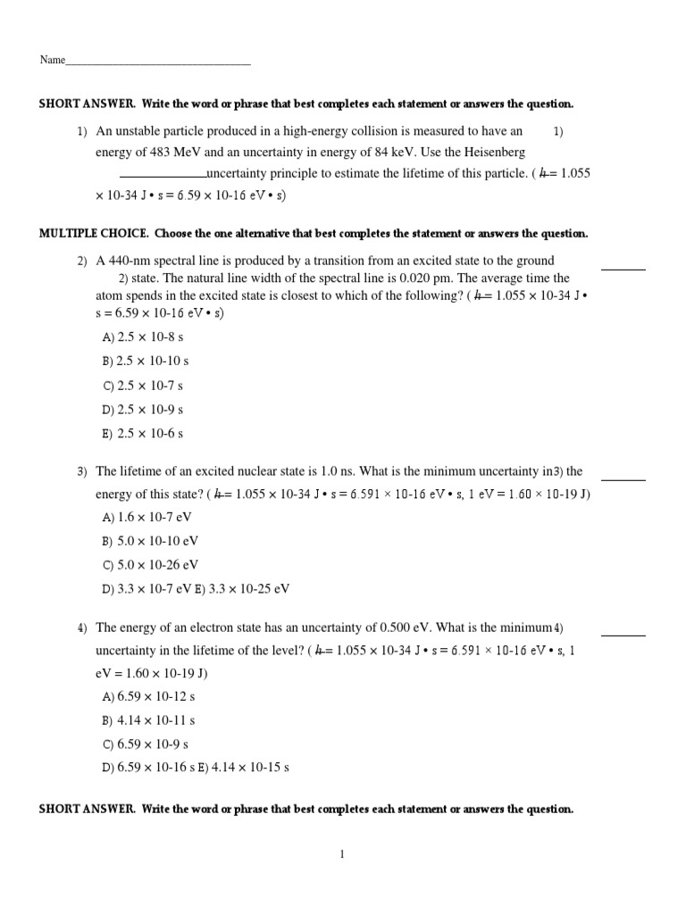 Heisenberg Uncertainty Principle Worksheet | PDF | Electronvolt | Atomic Physics