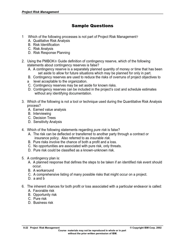30 Sample Questions - RMP | PDF | Risk Management | Risk