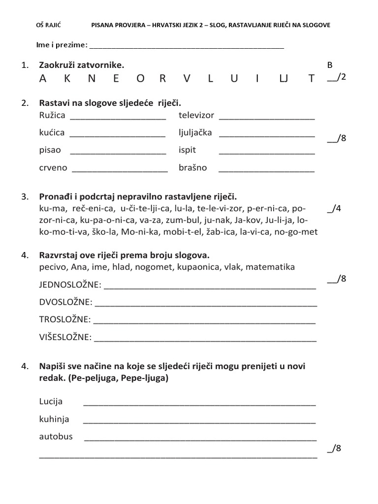 Ispit Znanja - Rastavljanje Riječi Na Slogove | PDF