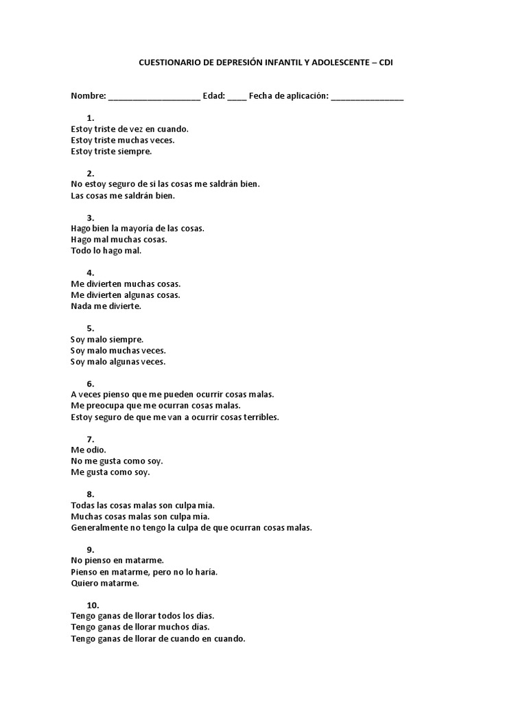Cuestionario de Depresión Infantil y Adolescente - Cdi | PDF