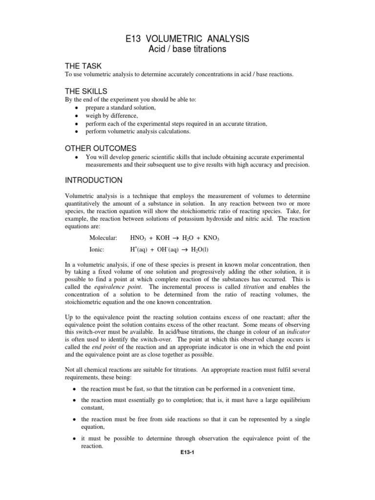 E13 Volumetric Analysis Acid / Base Titrations: The Task | PDF ...