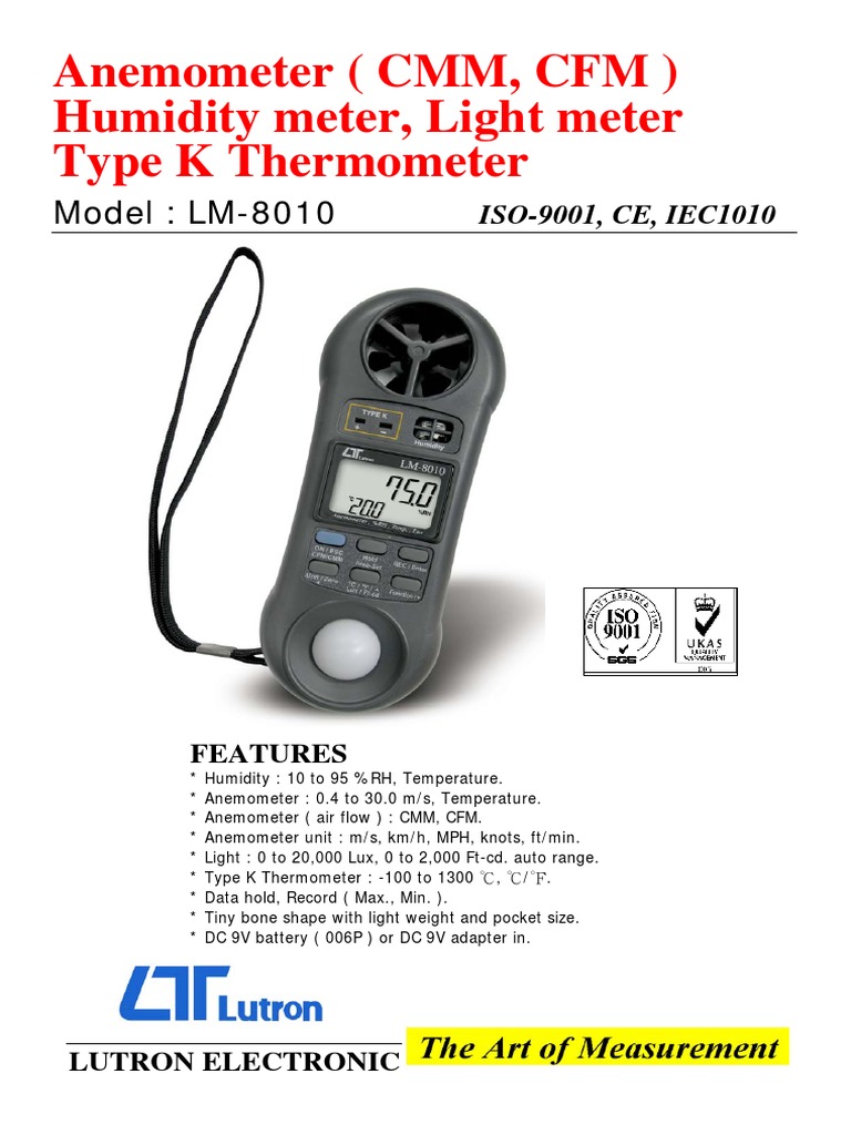Anemometer (CMM, CFM) Humidity Meter, Light Meter Type K Thermometer ...