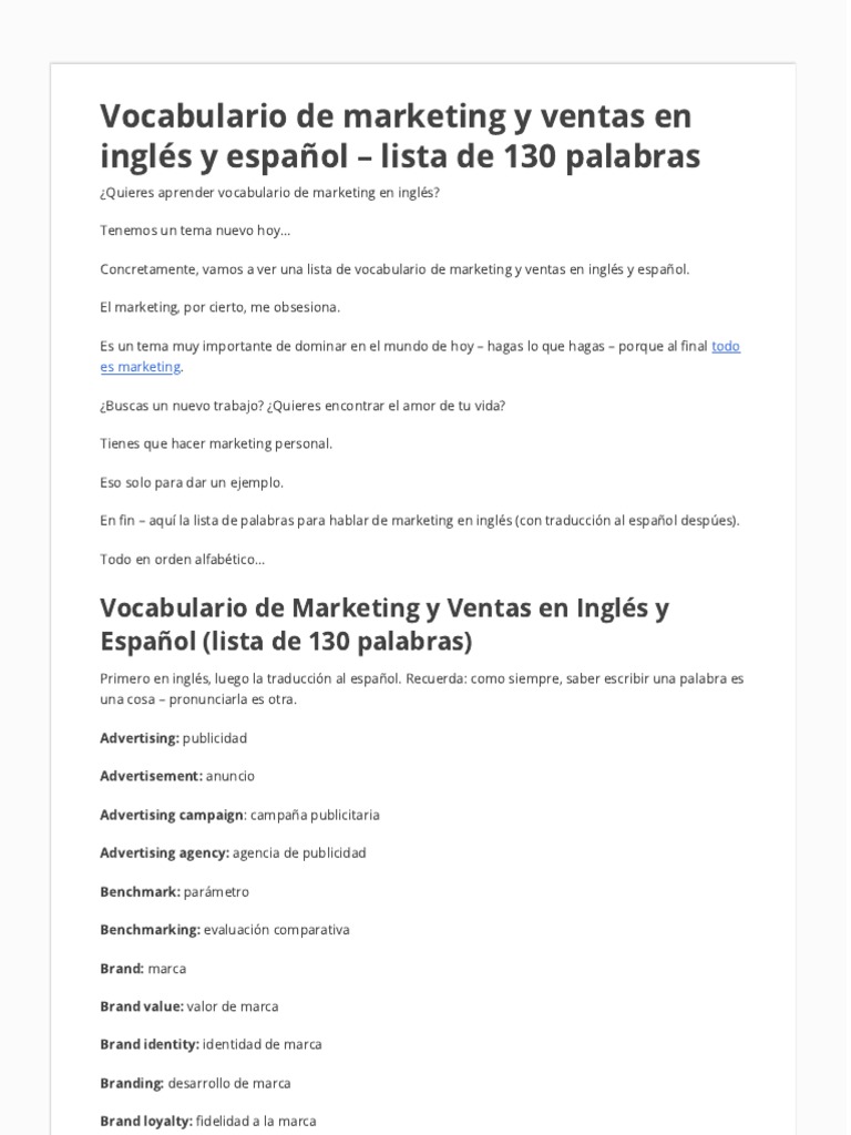 Vocabulario de Marketing y Ventas en Inglés y Español - Lista de 130 ...