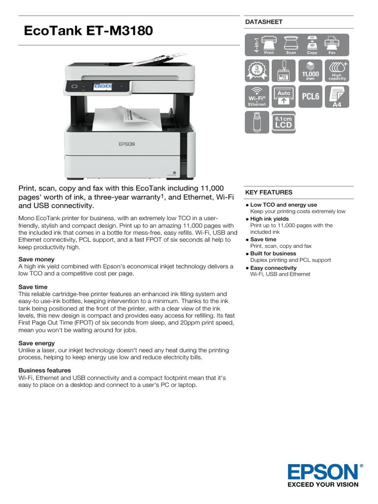 EcoTank ET M3180 Datasheet | PDF | Image Scanner | Printer (Computing)