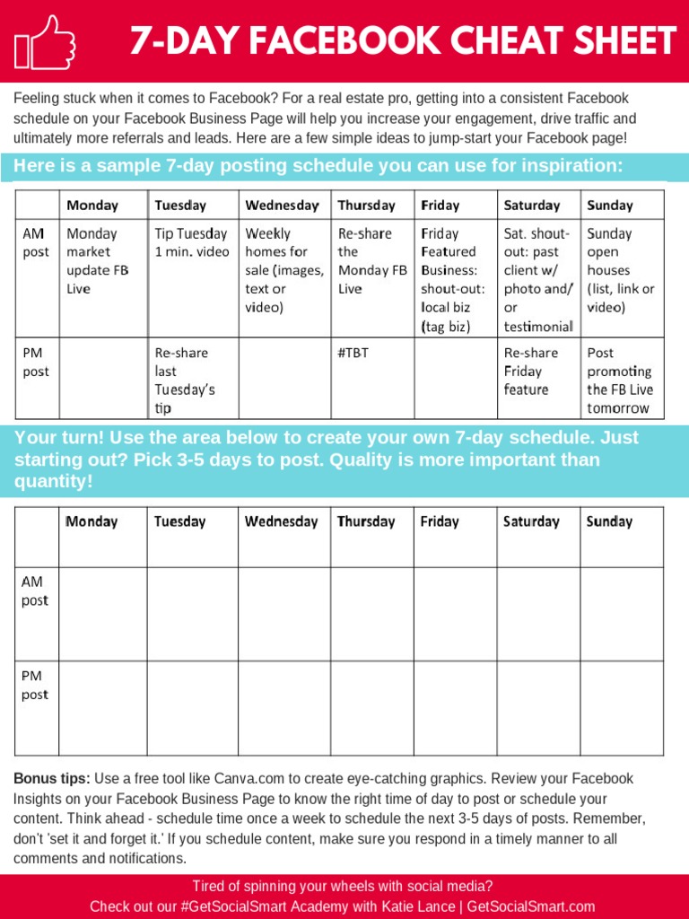 7-Day Facebook Cheat Sheet: Here Is A Sample 7-Day Posting Schedule You ...