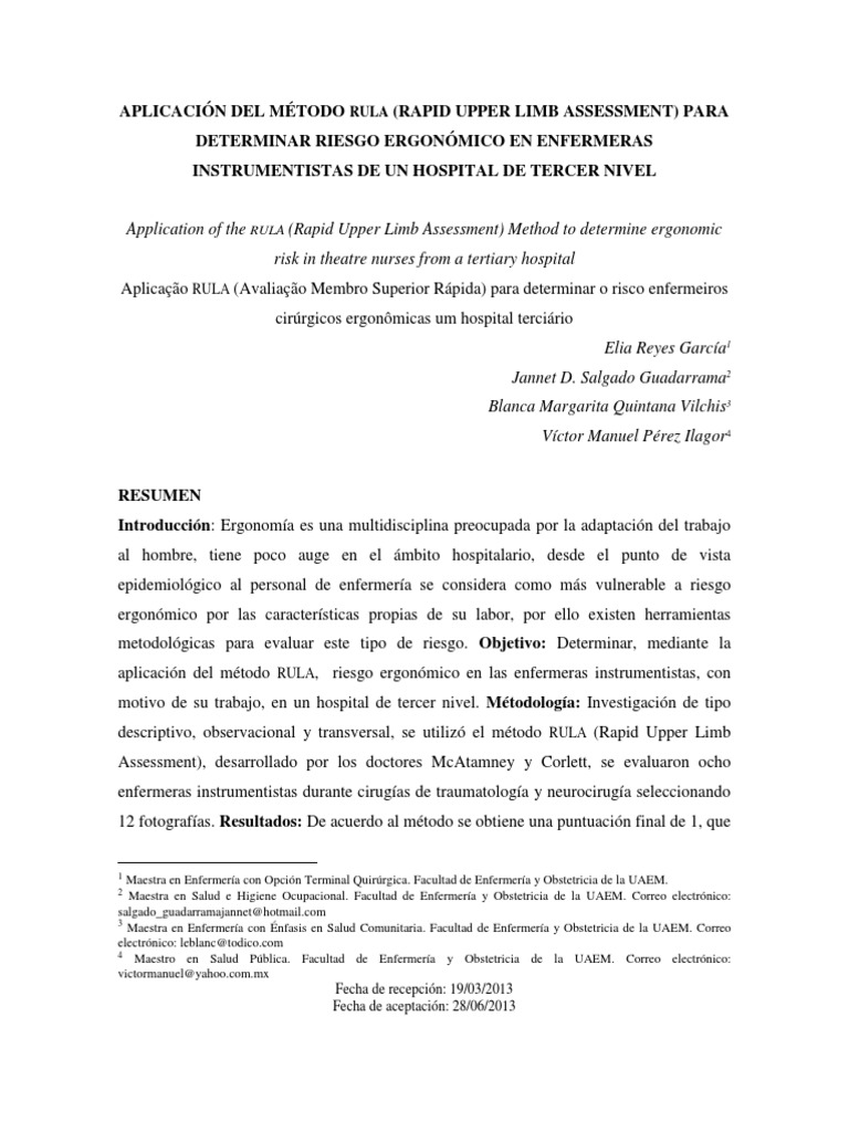 Aplicacion Del Metodo Rula PDF | PDF | Cirugía | Factores humanos y ...