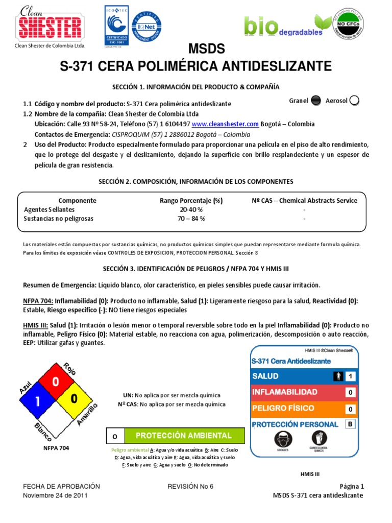 Hoja de Seguridad | PDF | Residuos | Toxicidad