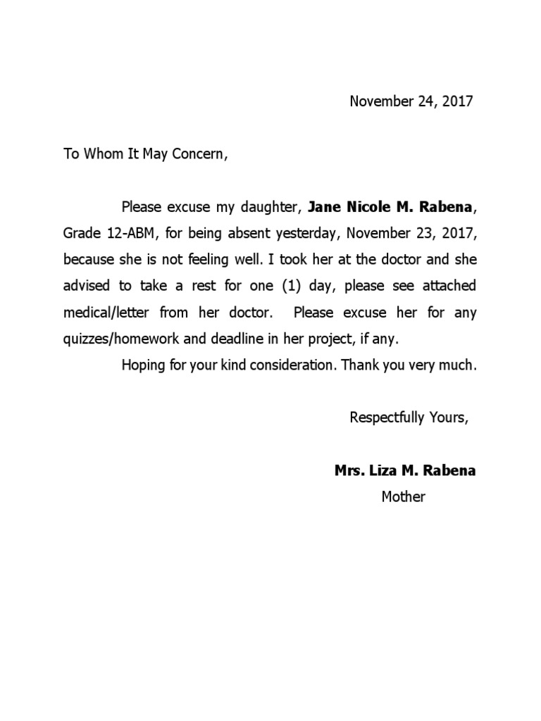 Excuse Letter for Daughter's Absence | PDF