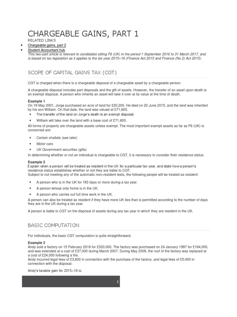 Chargeable Gains, Part 1: Scope of Capital Gains Tax (CGT) | PDF ...