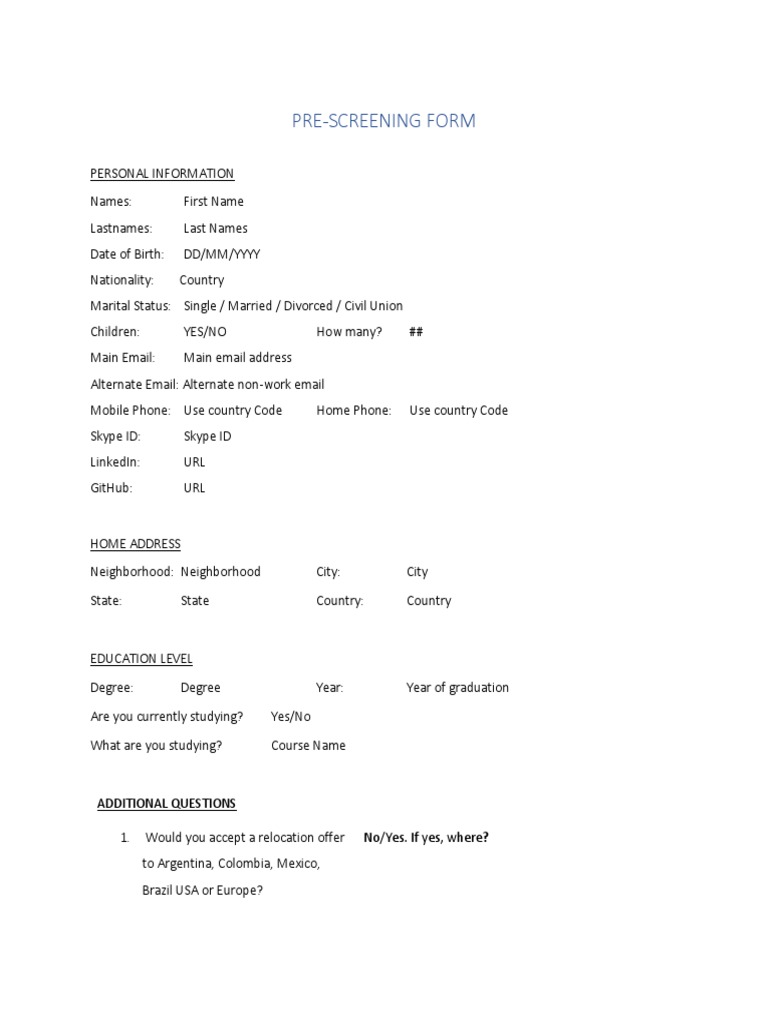 Pre-Screening Form | Download Free PDF | Communication | Business