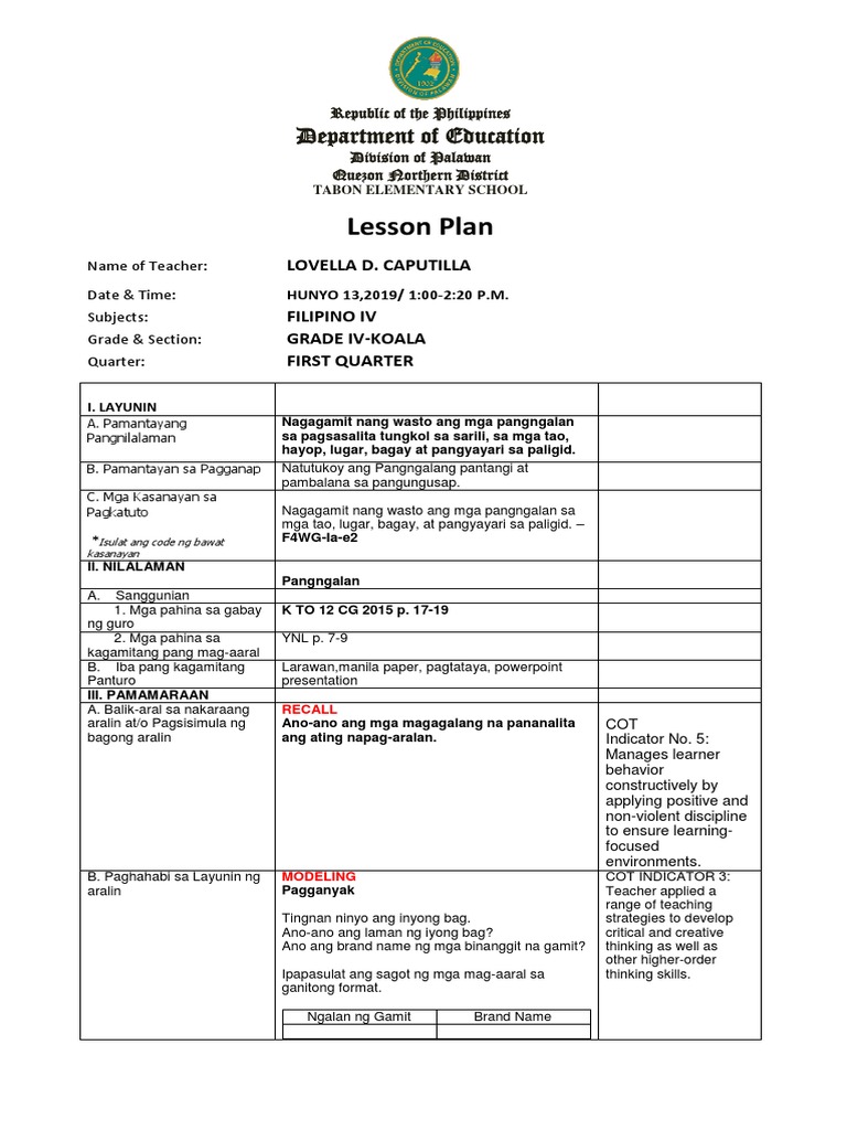 1st COT Lesson Plan 2019 | PDF
