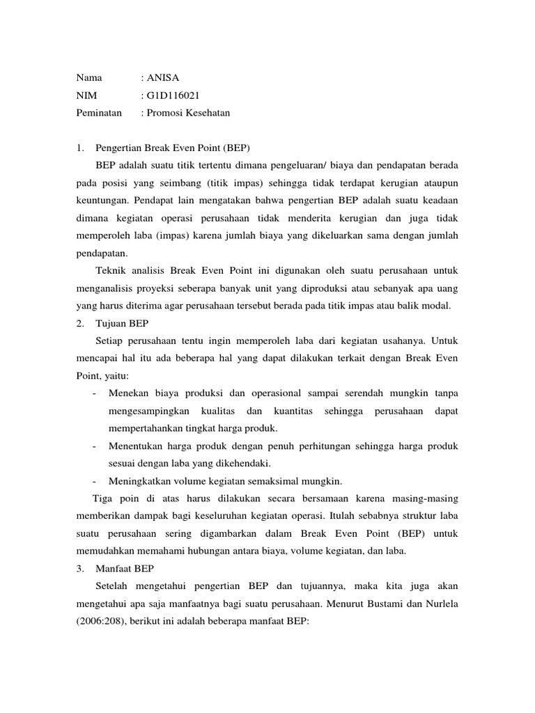 Pengertian dan Manfaat Break Even Point | PDF | Pengelolaan Keuangan ...