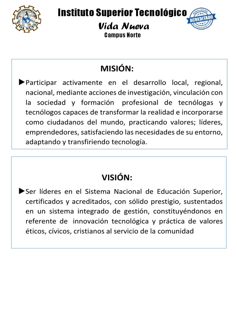 Misión y Visión del Instituto Vida Nueva | PDF