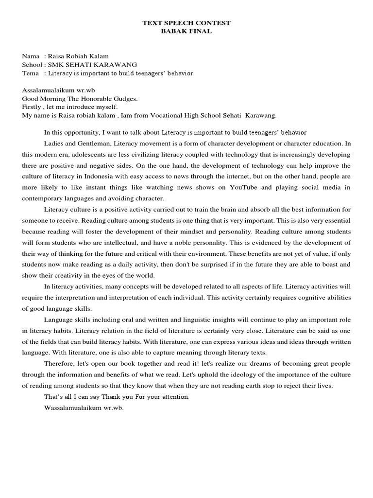 Text Speech Contest Babak Final | PDF | Literacy | Adolescence