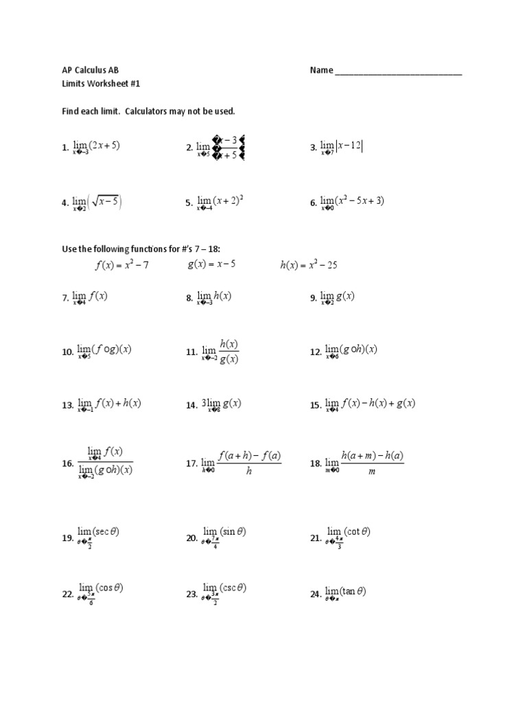 Limits Worksheet 1 | PDF | Mathematical Analysis | Calculus