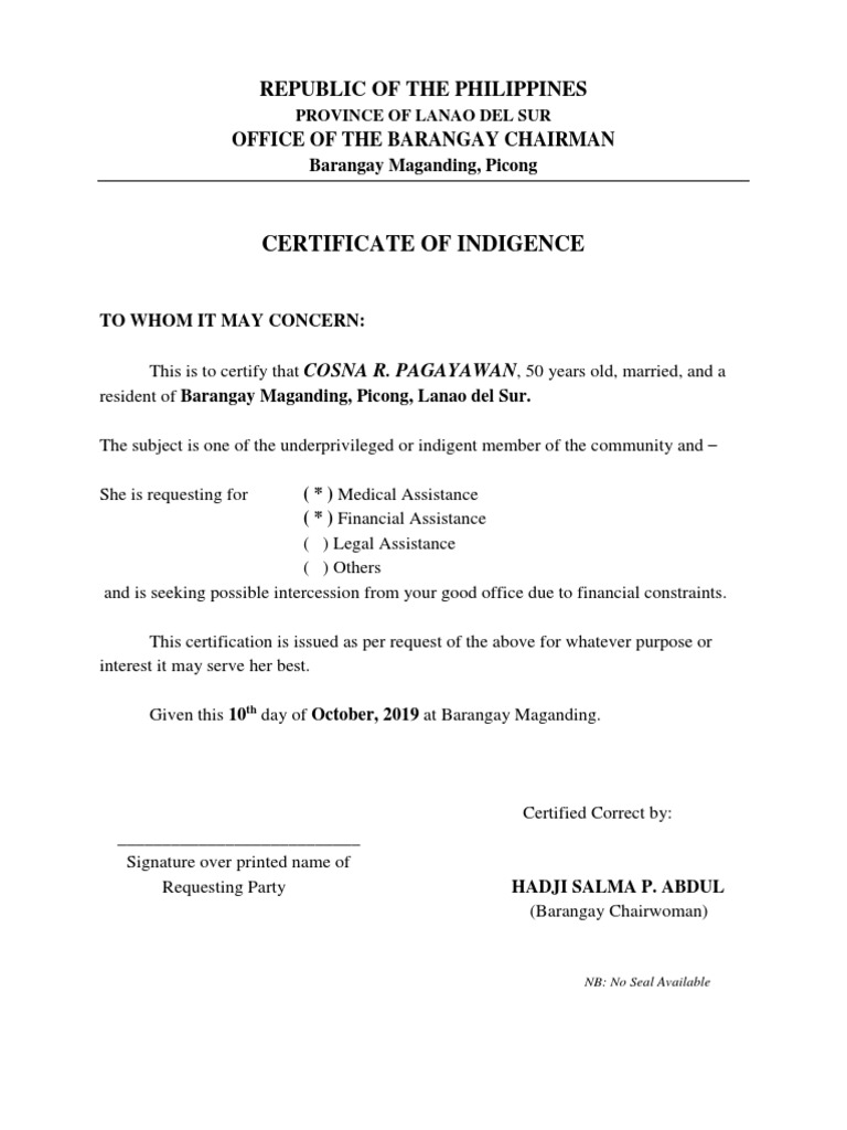Certificate of Indigence: Republic of The Philippines | PDF