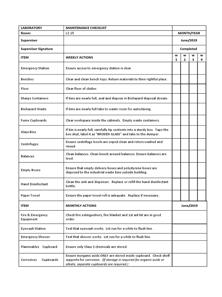 Laboratory Maintenance Checklist Room: Month/Year Supervisor June/2019 ...