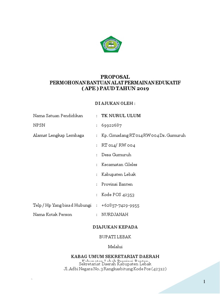 Proposal Batuan Ape Paud 19 TK Arrahmaniyyah | PDF