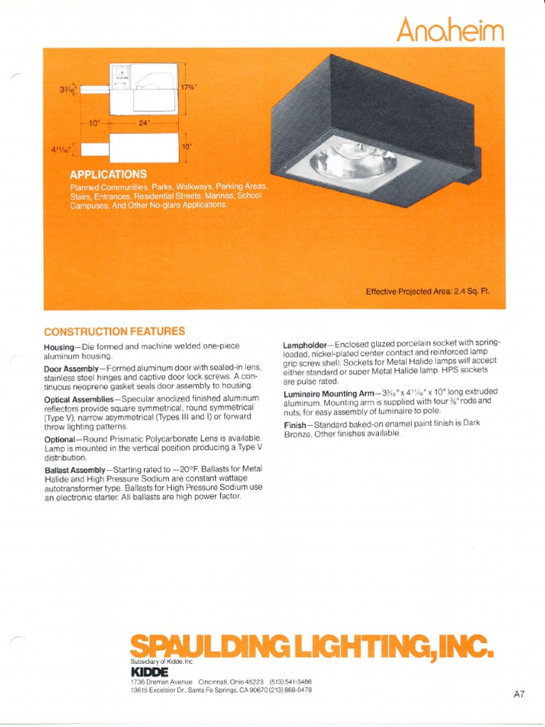 Spaulding Lighting Anaheim Spec Sheet 4-86 | PDF | Components ...