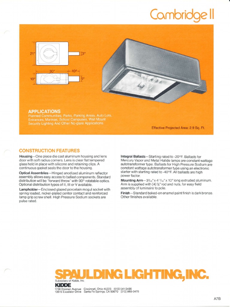 Spaulding Lighting Cambridge II Spec Sheet 1-87 | PDF | Architectural ...