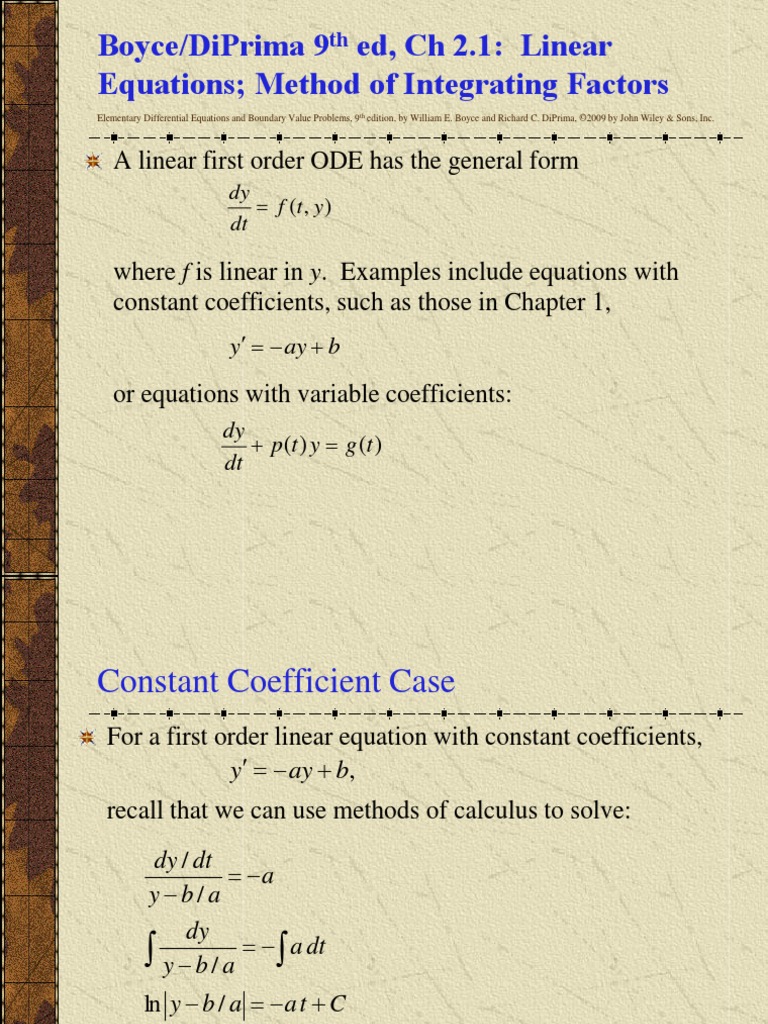 Boyce/Diprima 9 Ed, CH 2.1: Linear Equations Method of Integrating ...