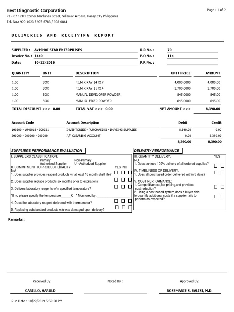 Best Diagnostic Corporation: Deliveries and Receiving Report | PDF ...
