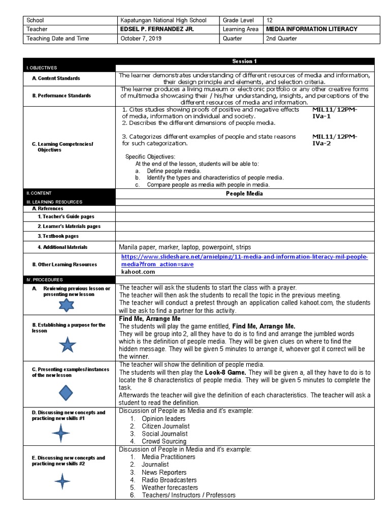 Lesson Plan MIL People Media | PDF | Mass Media | Lesson Plan